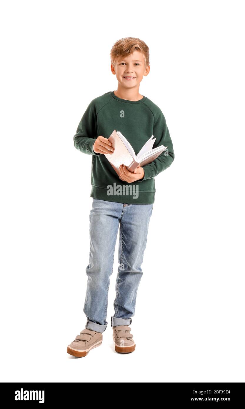 Little boy reading book on white background Stock Photo - Alamy
