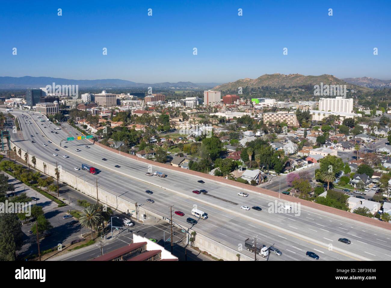 Above Riverside aerial views of downtown with the 91 freeway in view ...