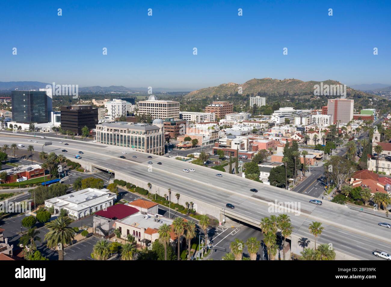 Above Riverside aerial views of downtown with the 91 freeway in view ...
