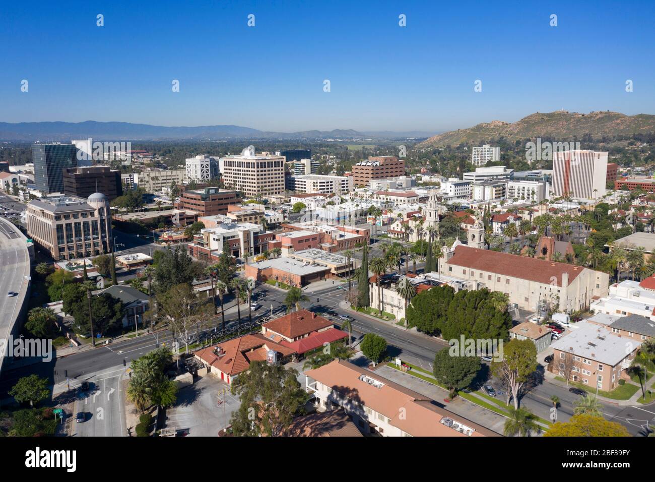 Aerial views above downtown Riverside, California on a clear day view ...