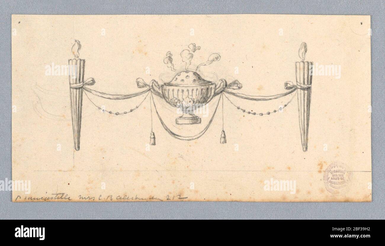 Design for a Frieze. At center, a smoking brazier with handles. It is ...