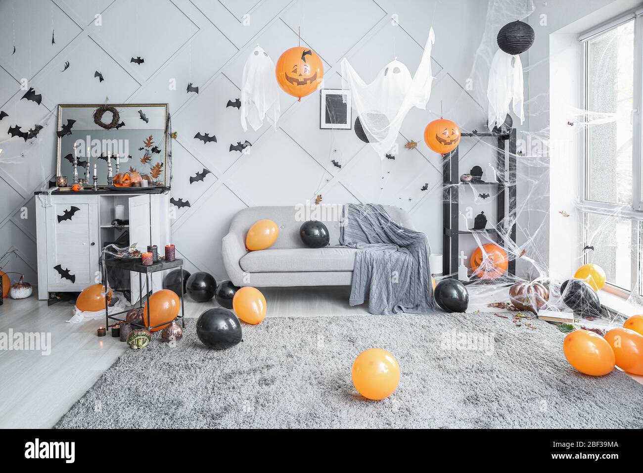 Interior of room decorated for Halloween party Stock Photo - Alamy