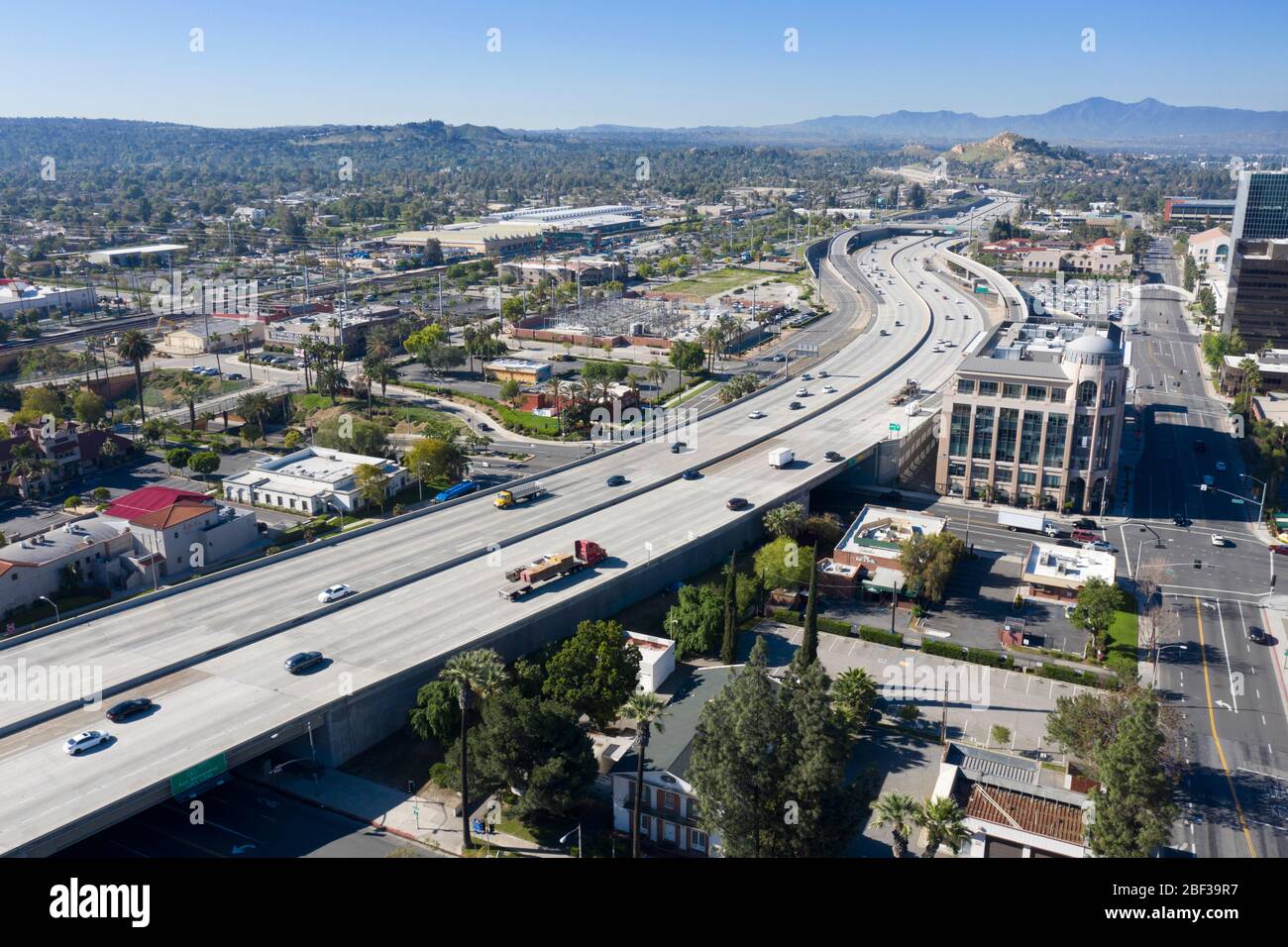 Above Riverside aerial views of downtown with the 91 freeway in view ...