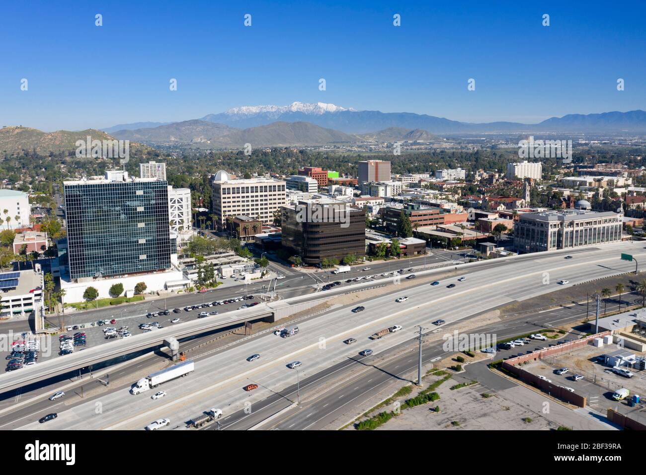 Above Riverside aerial views of downtown with the 91 freeway in view ...