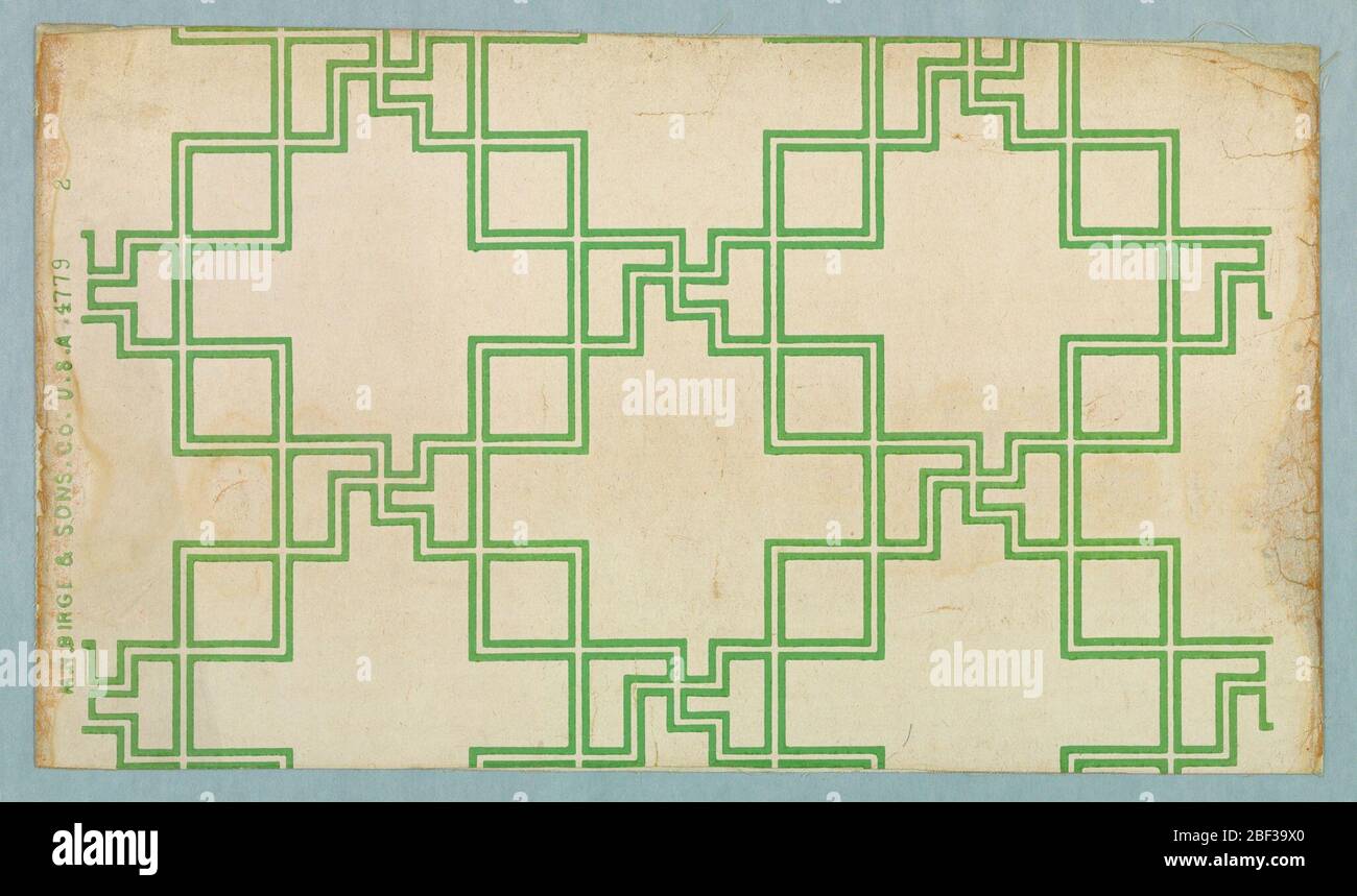 Ceiling paper. A fret design of two parallel green lines suggestive of ...