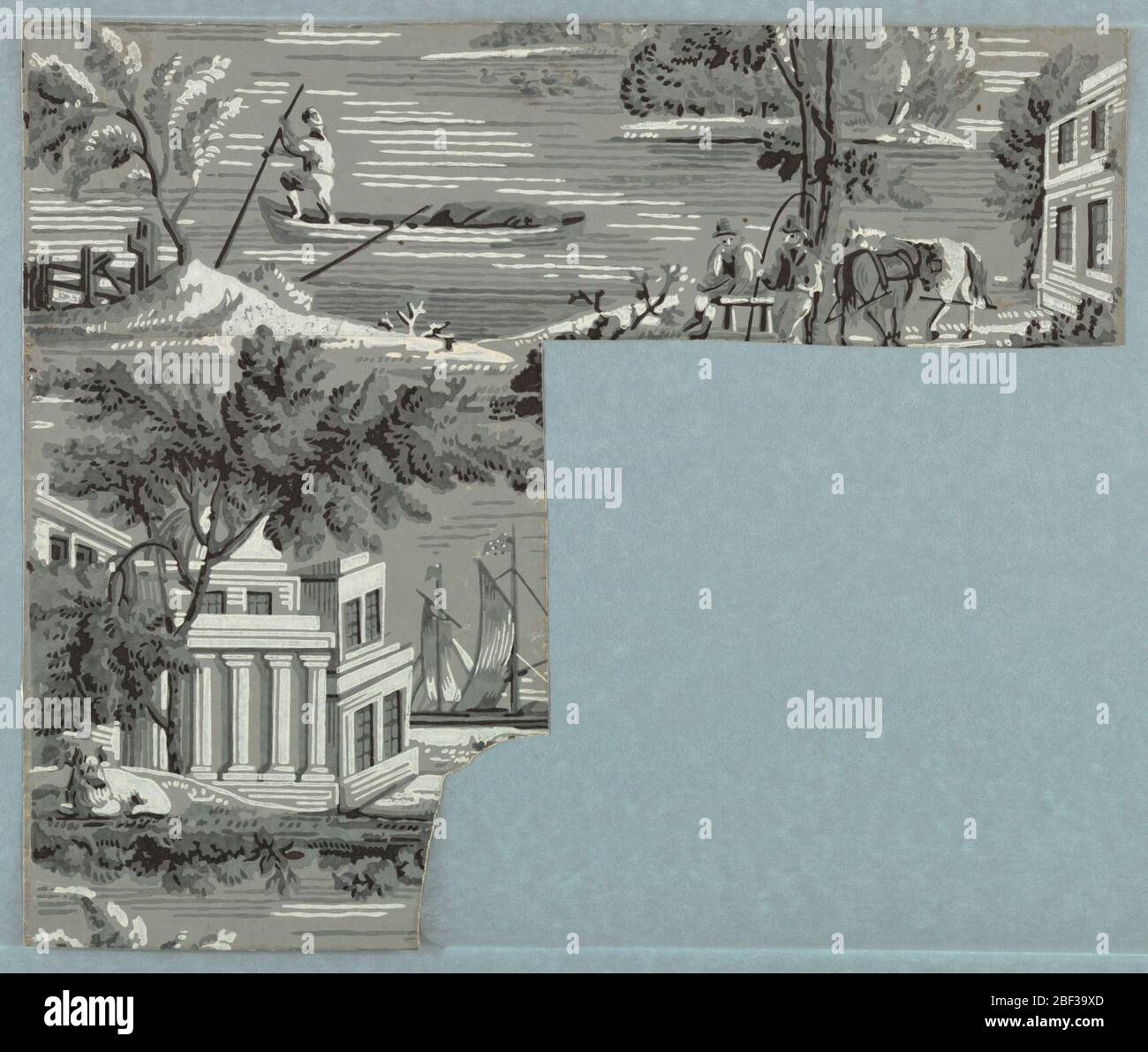 Sidewall. L-shaped portion of a paper with repeating figured scenes ...