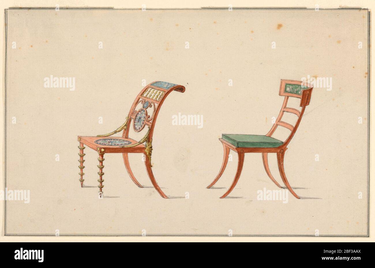 Design for Two Chairs. Left: Chair with sloped back, pierced horizontal ...