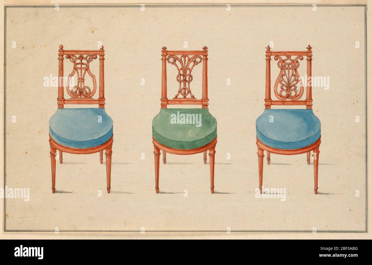 Design for Three Chairs. Left: Side chair, upholstered in blue ...
