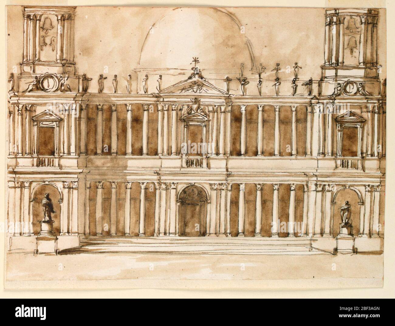Elevation of a church. A large two-storey colonnaded building, or ...