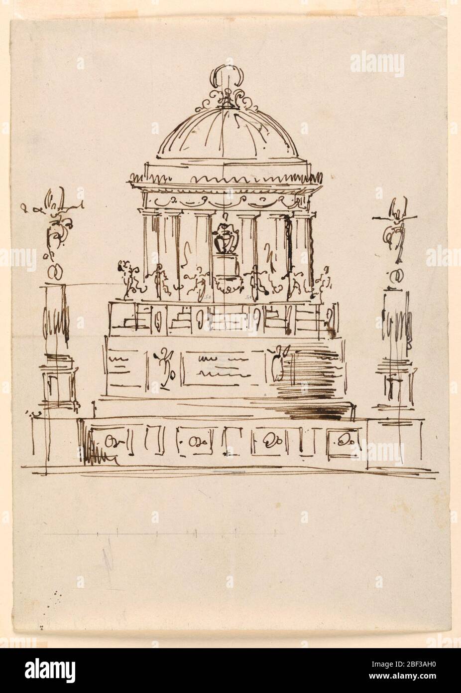 Design for a Monument. Columns with Fortunes on top rise at the corners ...