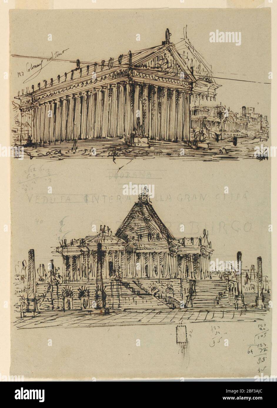 Stage Design Exterior of Temples. Vertical rectangle. Two drawings of ...