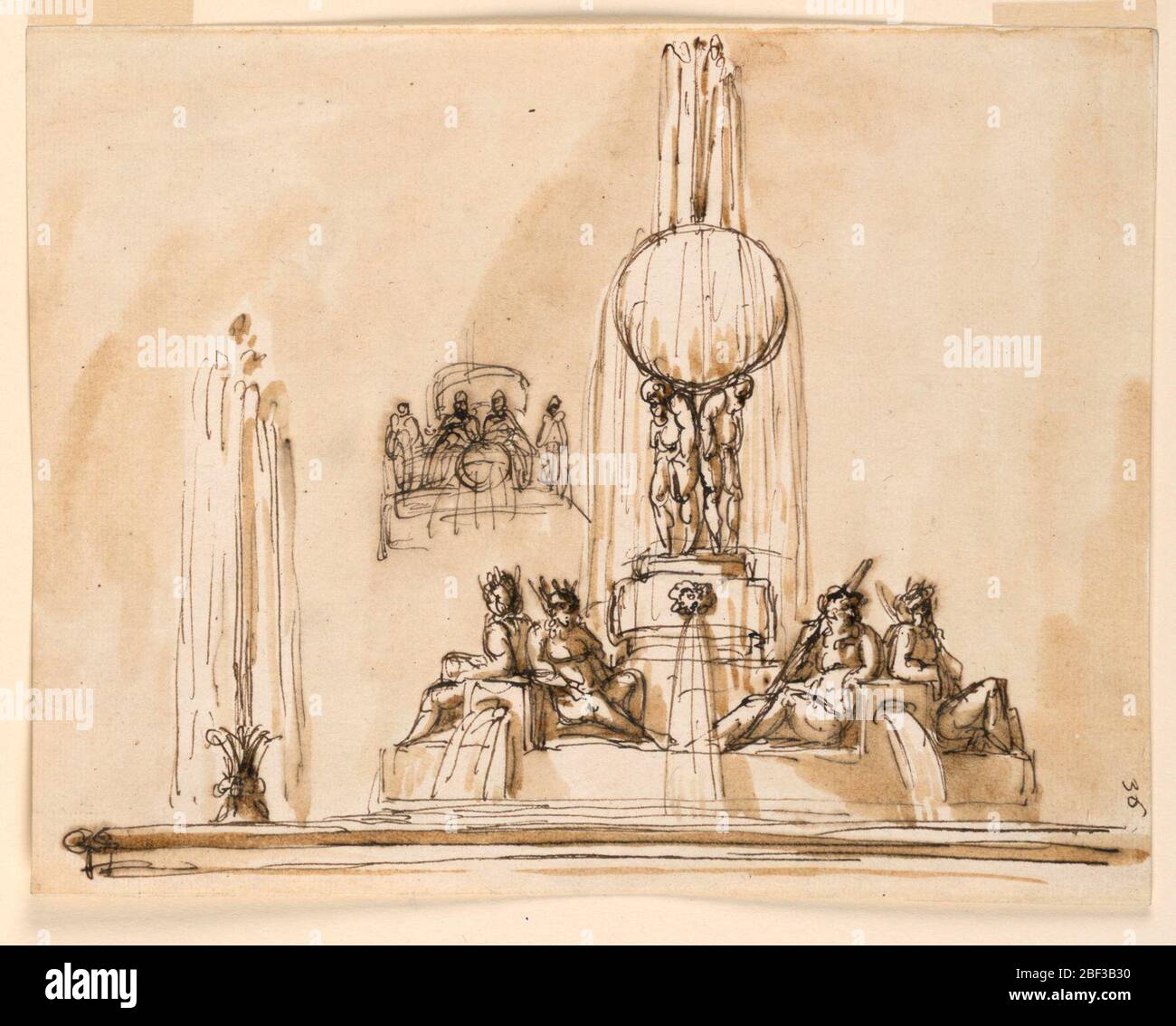 Elevation of a Fountain. A low basin with a circular podium with seated ...