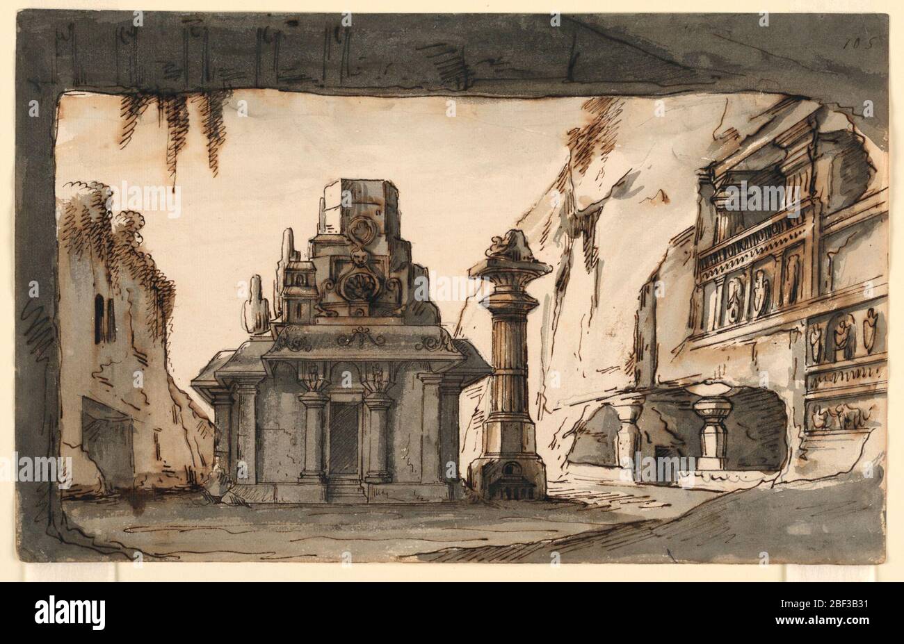 Stage Design Oriental Buildings Amidst Caves and Rocks. Horizontal ...