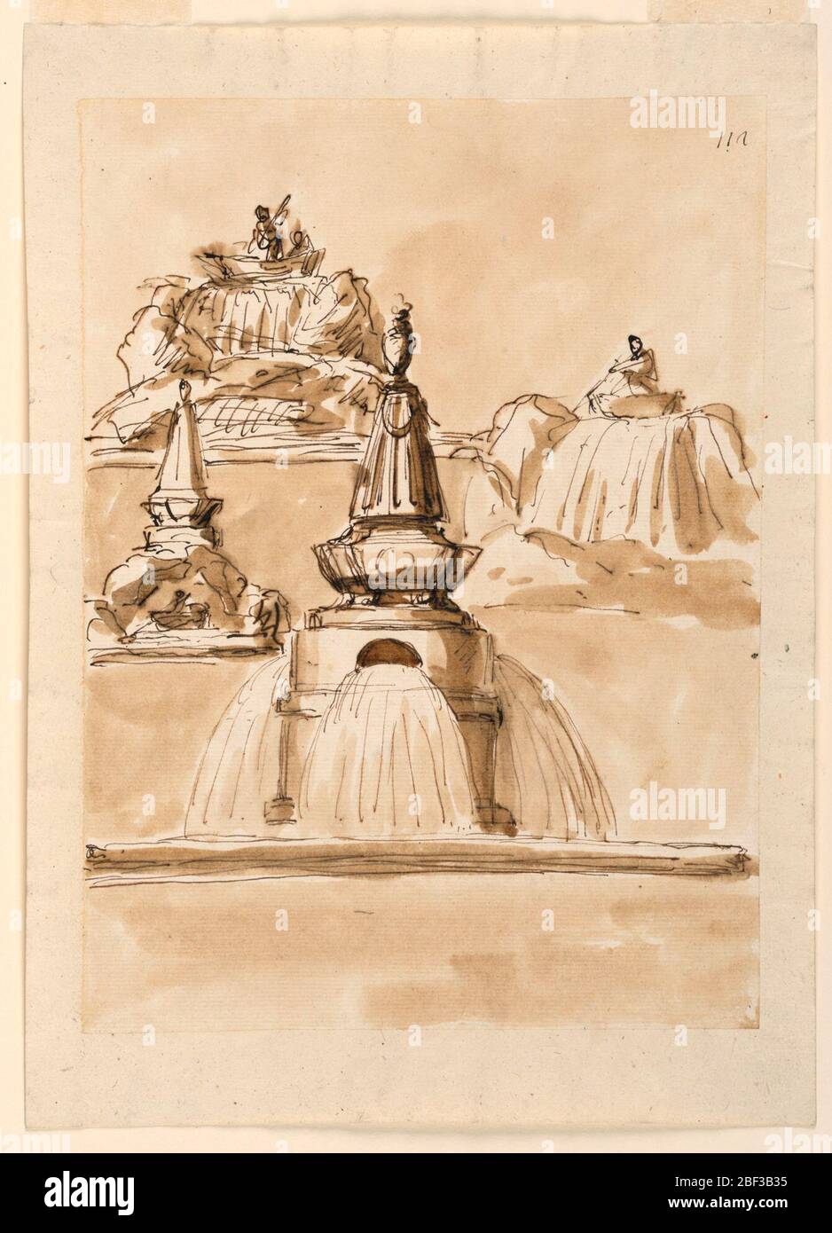 Fountains. Two views of a boat with figures at the top of a cascade ...