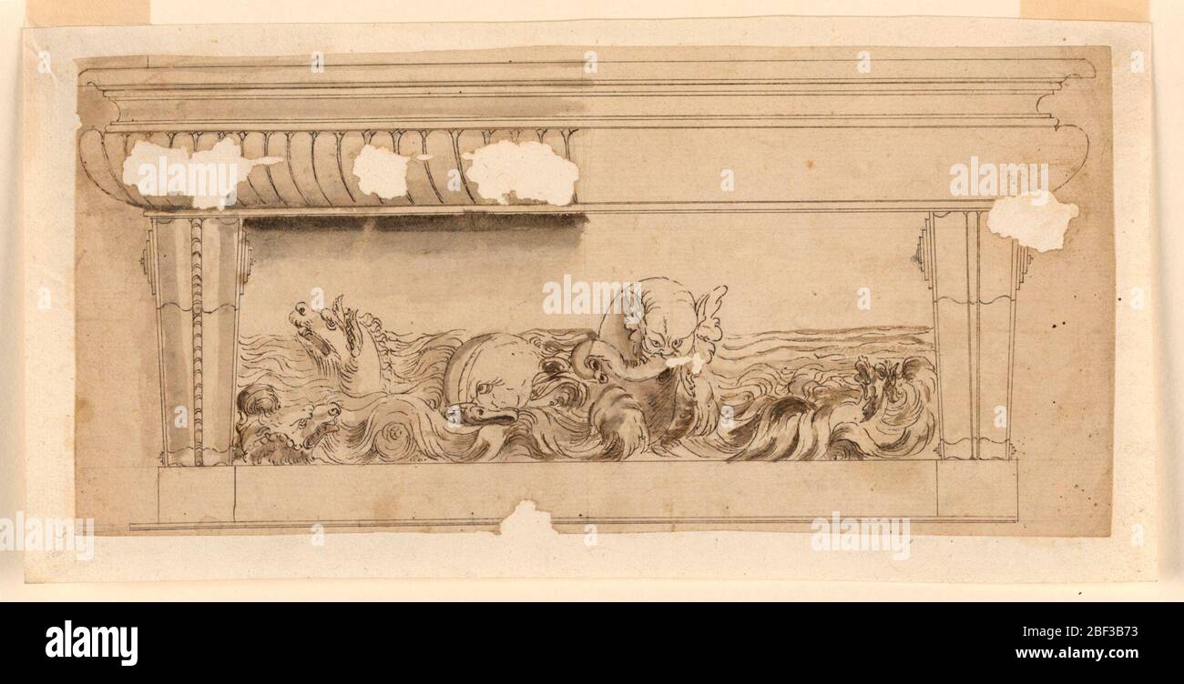 Design for a Fountain. A panel between two corbels with sea creatures ...