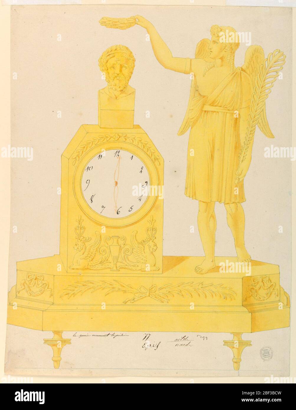 Design for a clock. Base of clock supported by tapered feet. Octagonal ...