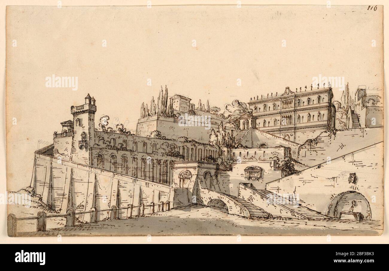 Stage Design Palace and Gardens on Hill. Horizontal rectangle. Palace ...