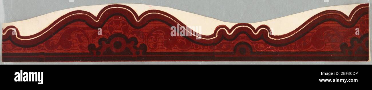 Border. Shades of maroon and red and black flock, scalloped border with ...