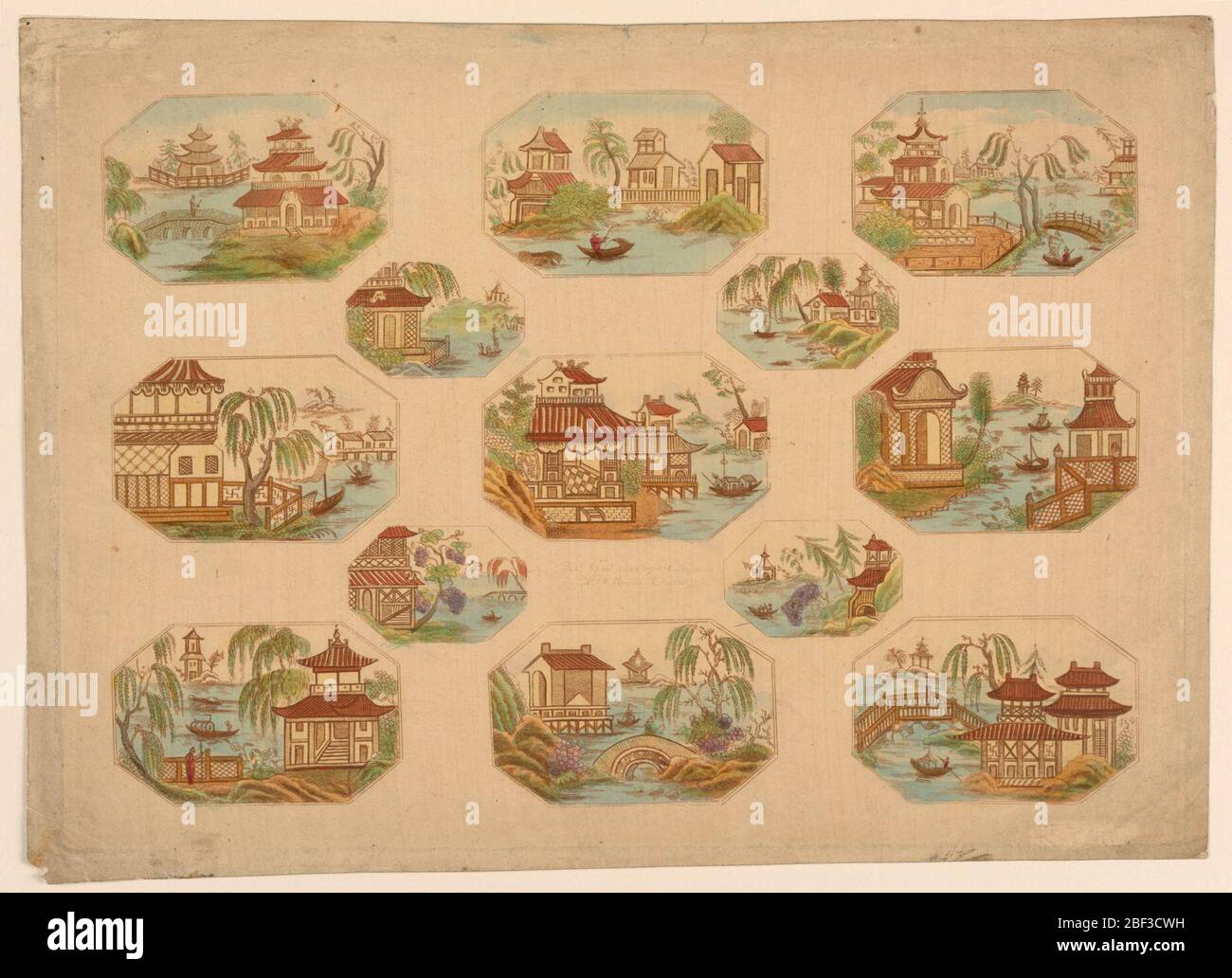 Japanese Motifs. Horizontal rectangle. Thirteen vignettes of octagonal ...