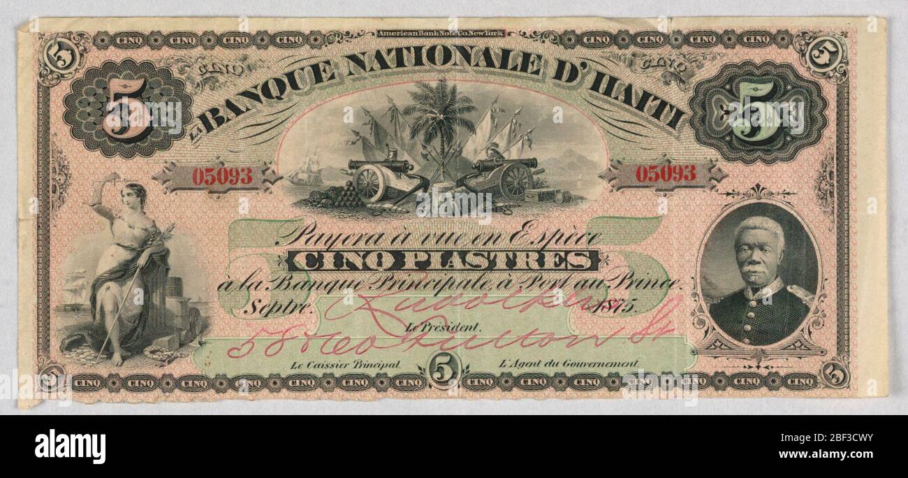 bank note. Horizontal rectangle. Bank note for cinq piastres, La Banque ...