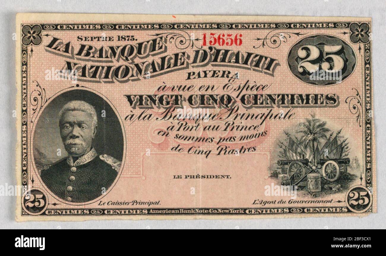 bank note. Horizontal rectangle. Bank note for vingt cinq centimes, La ...