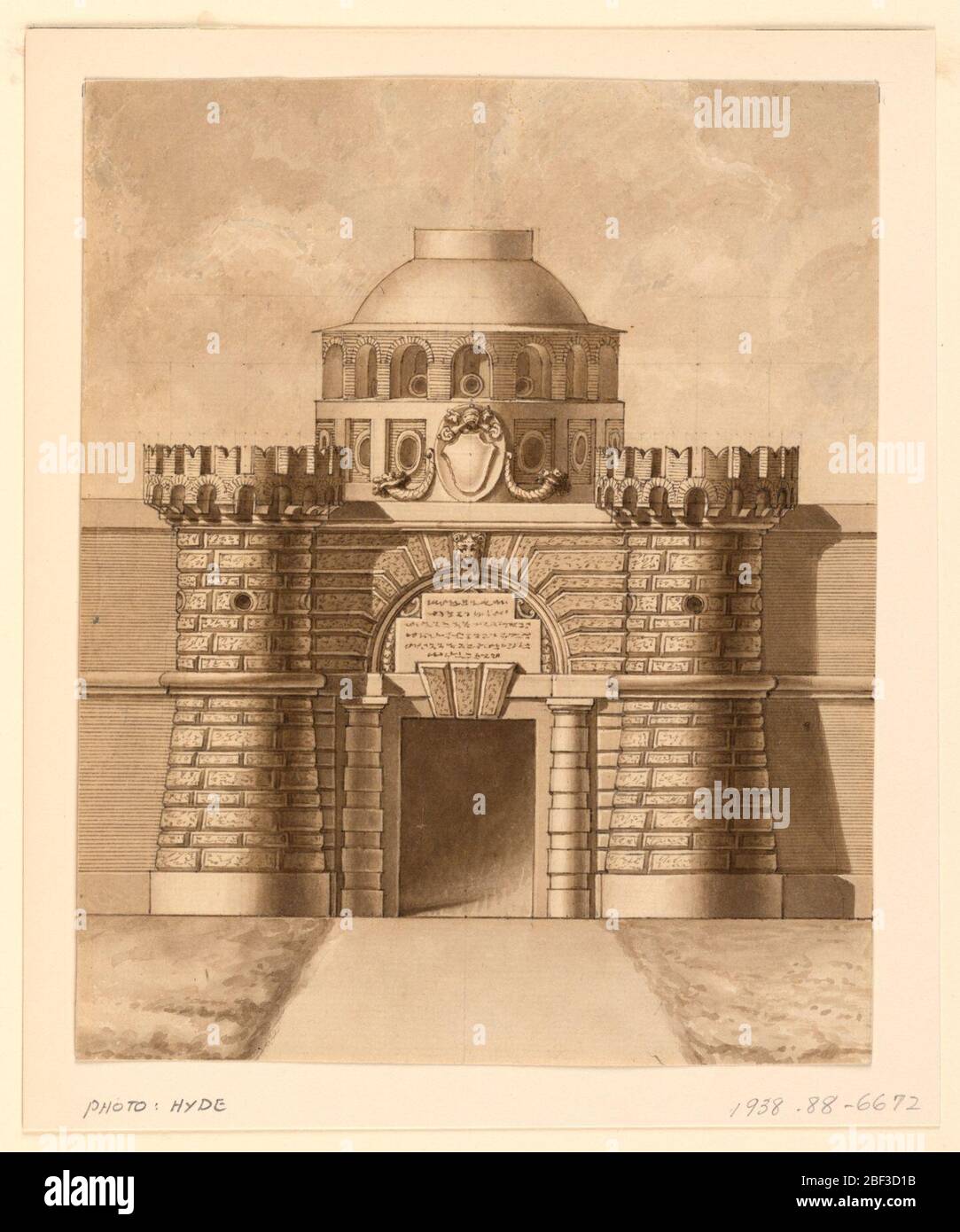 Gate with Papal Arms. Elevation of a gate inserted into a wall. The ...