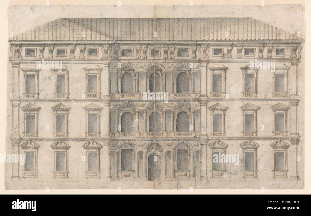 Palace Faade Elevation. Elevation of a three-storied palace, with a ...