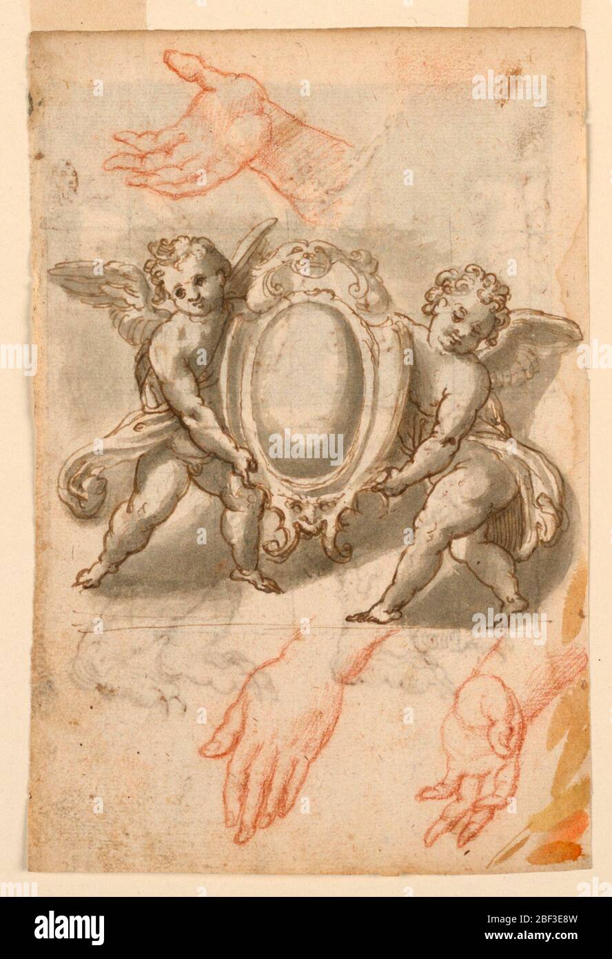 Studies of Hands and Putti with an Escutcheon. At top, a right hand ...