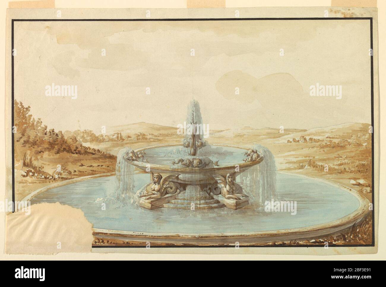 Design for a Fountain. Fountain set in a landscape. A shallow basin ...