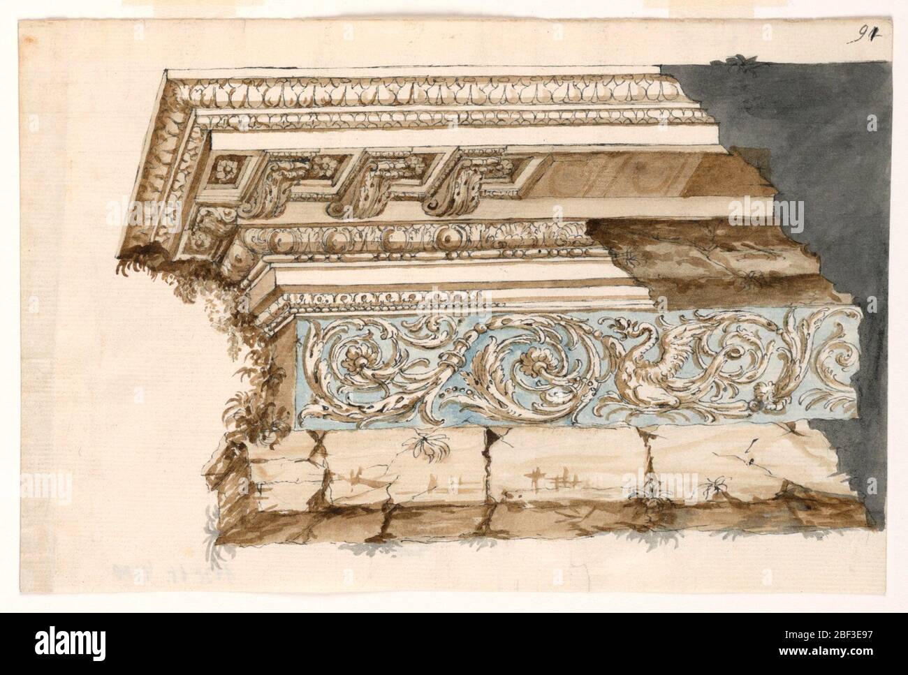 Fragment of Entablature in the Classical Style. Depiction of a left ...