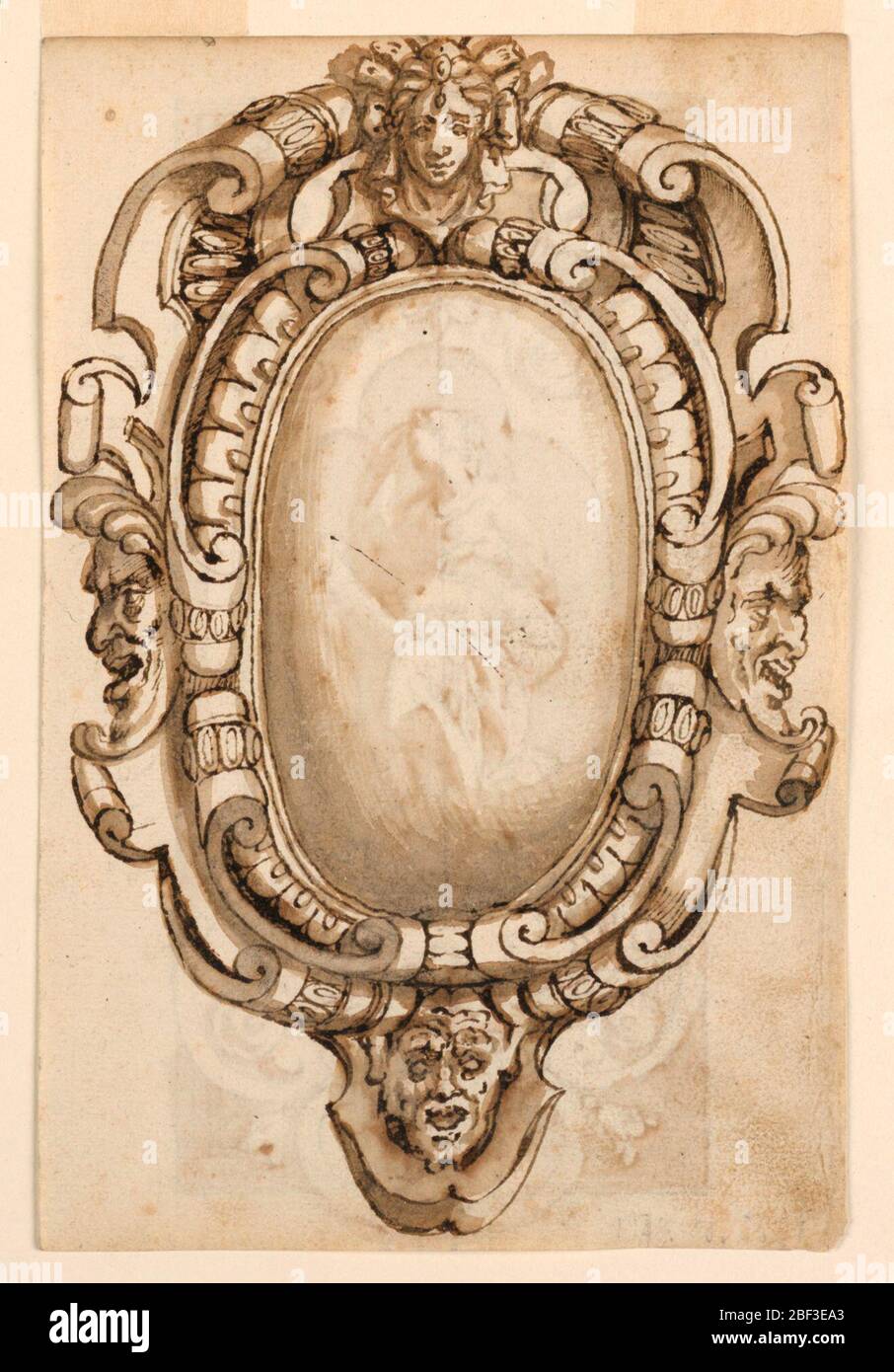 An Escutcheon. Vertical rectangle. A scrollwork escutcheon showing a ...