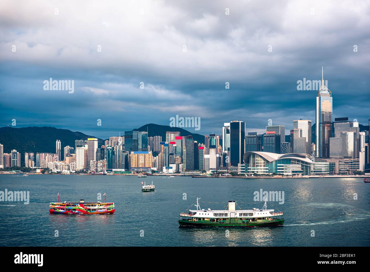 Panorama of Hong Kong City skyline from across Victoria Harbor; with ...