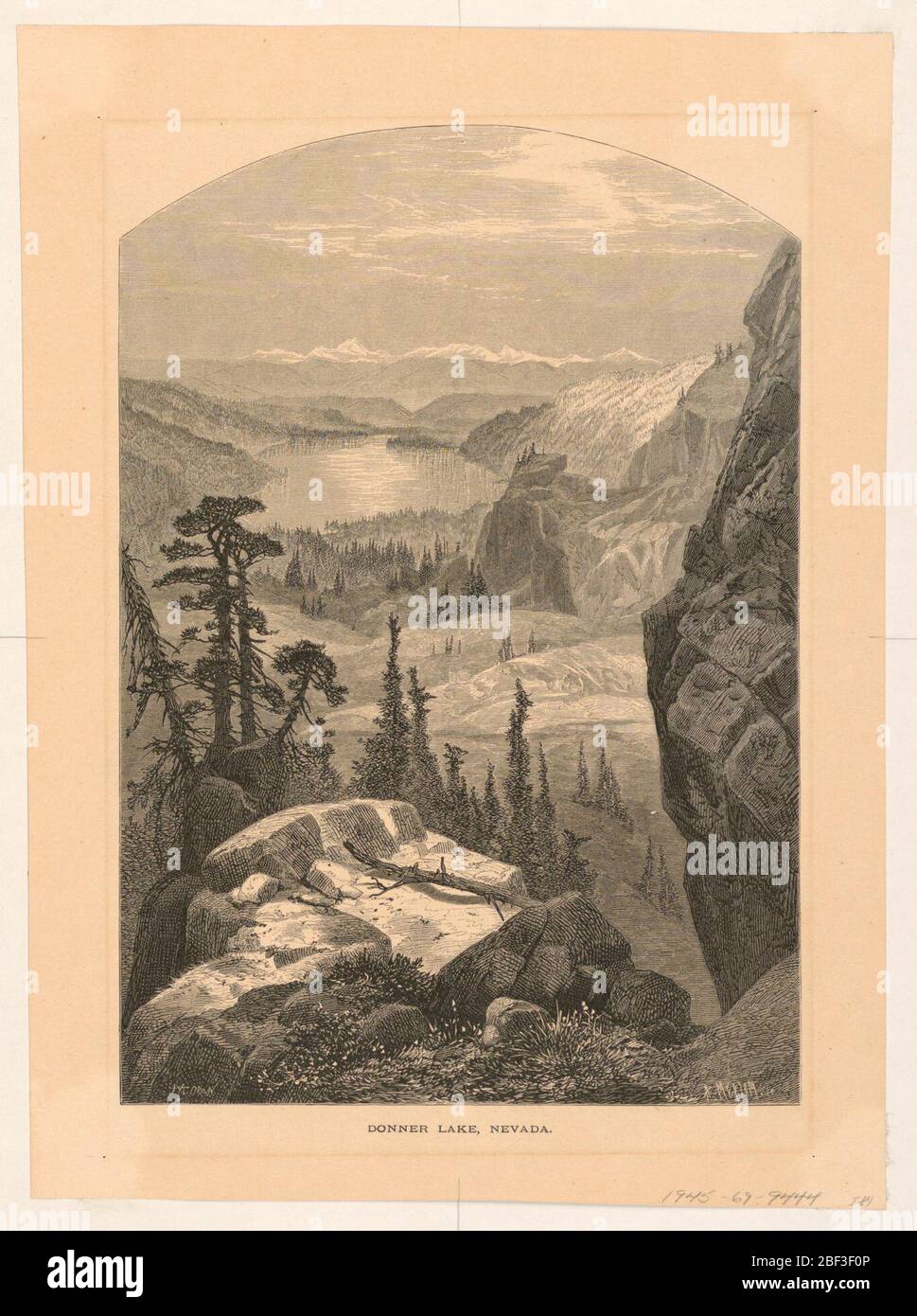 Donner Lake Nevada. View from cliffs of lake lined with pine trees ...