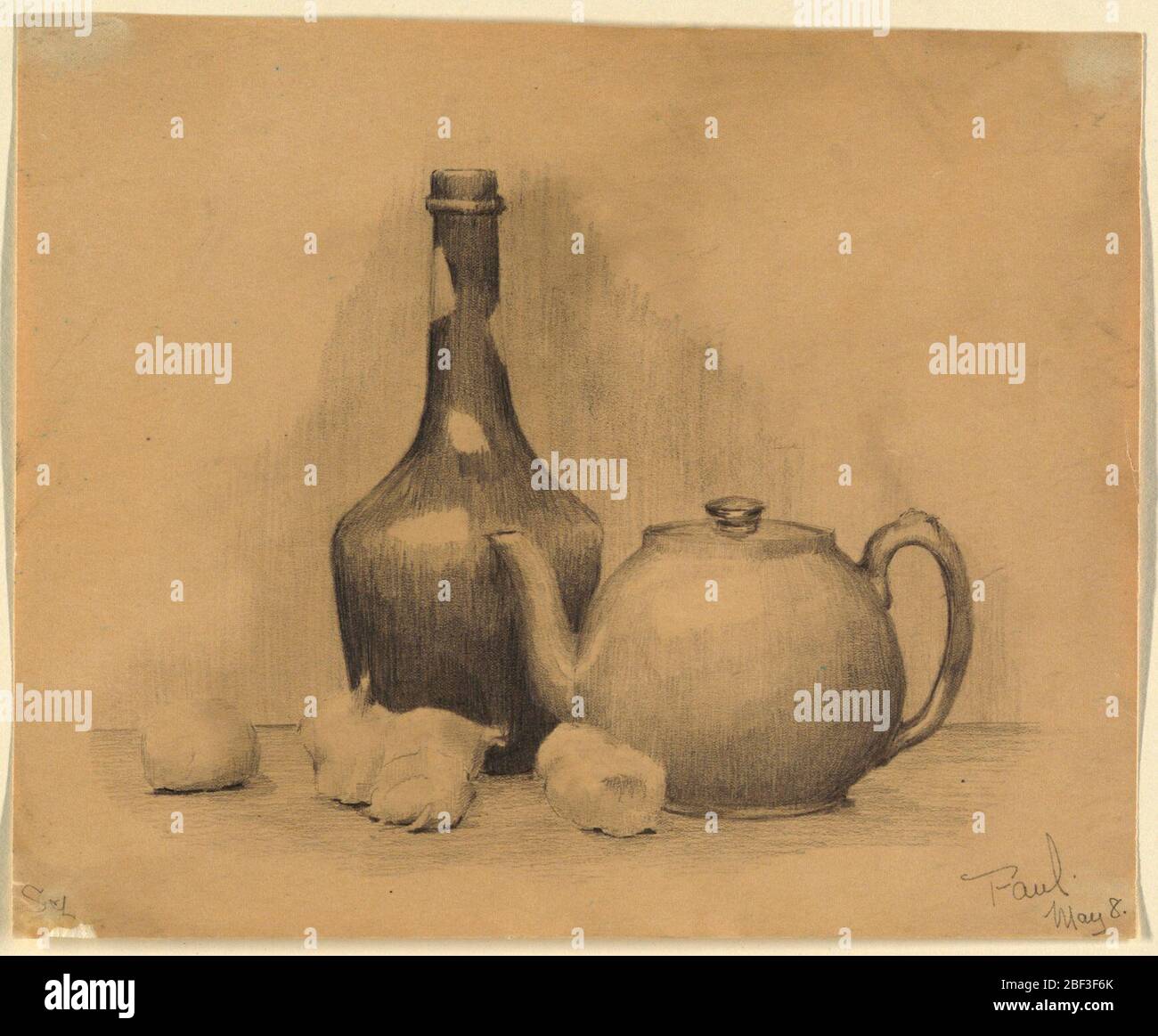 Stilllife. Horizontal rectangle. A still-life of a bottle, tea-pot, and ...