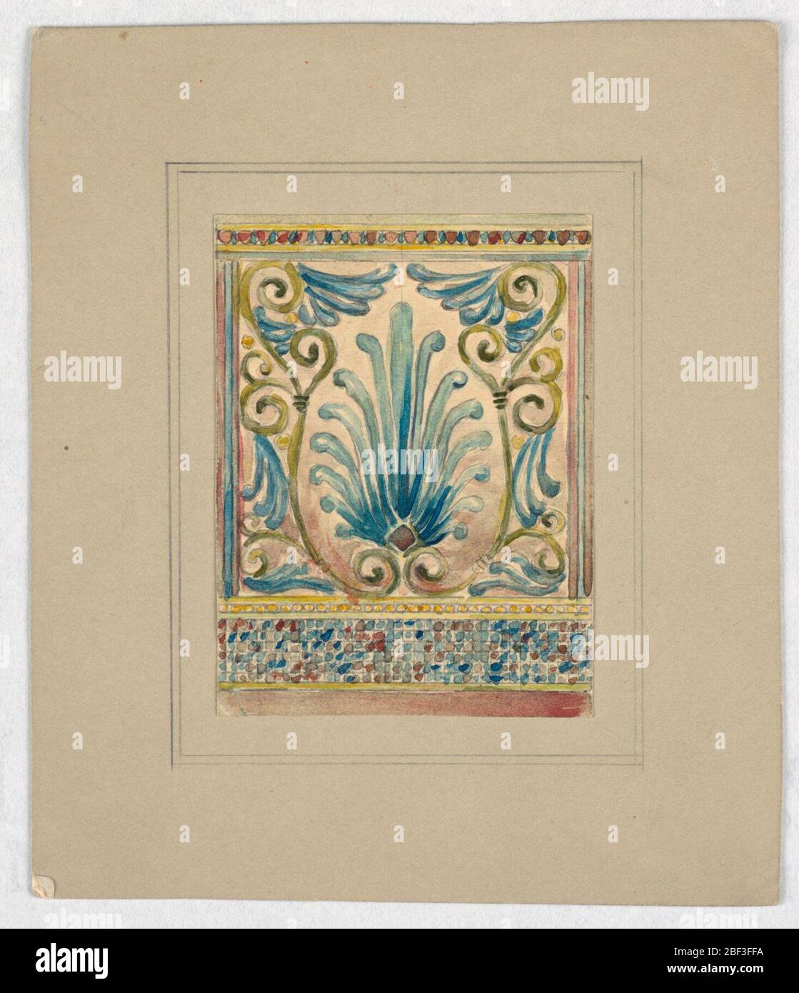 Design for stained glass. Square window decorated with blue anthemion ...