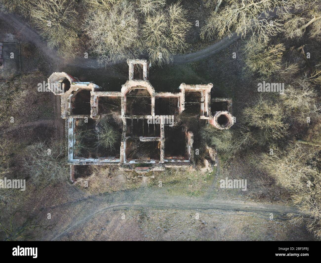 Ruins of the old manor house aerial photo. destroyed building top view ...