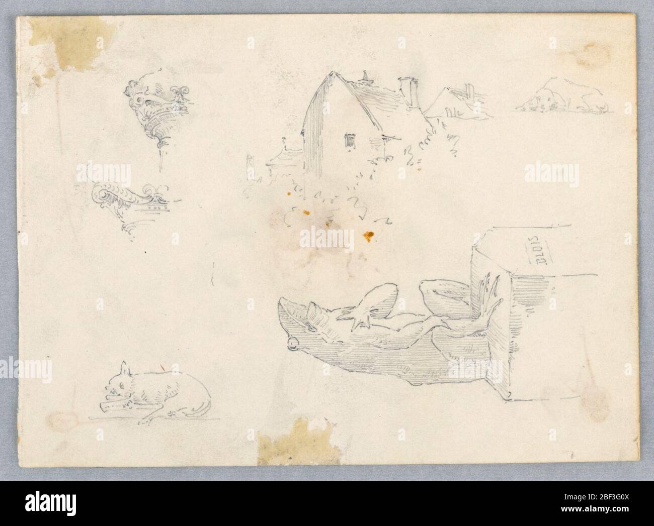 Sketch of Stone Frog and Farm House. Stone frog on a grave or road ...