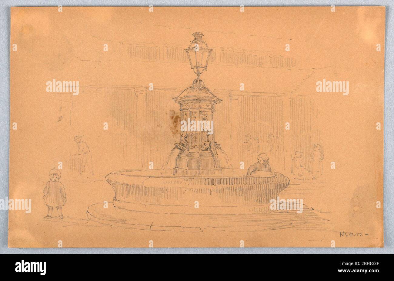 Fountain at Nevers. Round fountain in courtyard, with two children ...