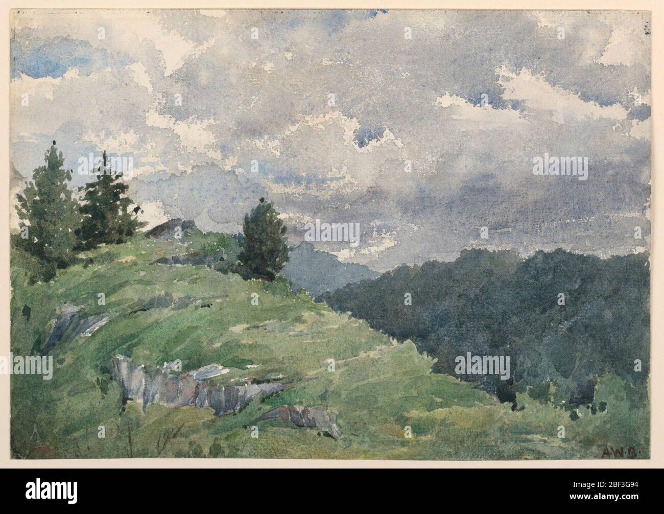 Landscape. View from the top of a steep incline with mountains in the ...