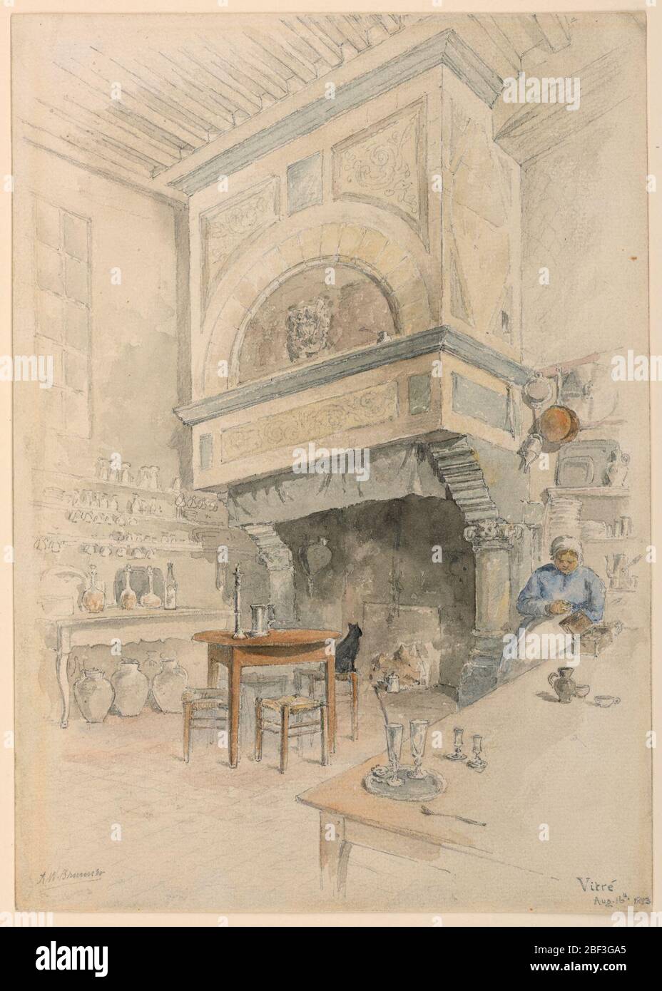 Vitr. Interior of a large kitchen, with a monumental stone fireplace ...