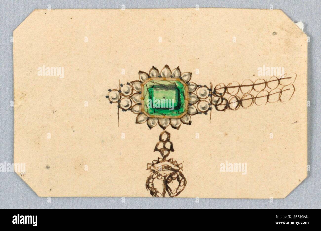 Design for the Center Motif of a Pearl Necklace. A green gem in an ...