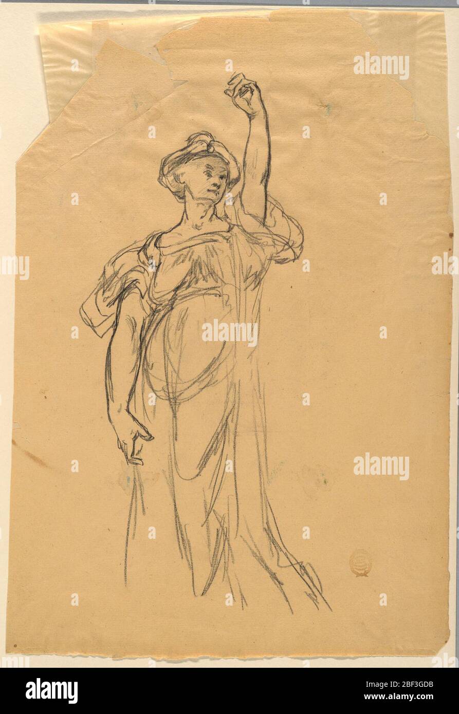 Study of Figure with Raised Arm. Three-quarter length study of standing ...