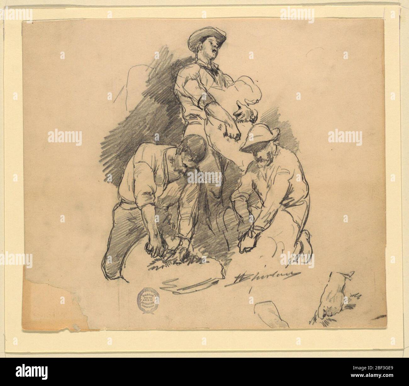 Three Men at a Sheep Shearing. Two kneeling men are shearing sheep; the ...