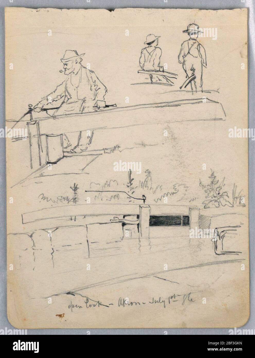 Open Lock Akron Ohio. Sketches of a canal lock in Akron, Ohio. Two men ...