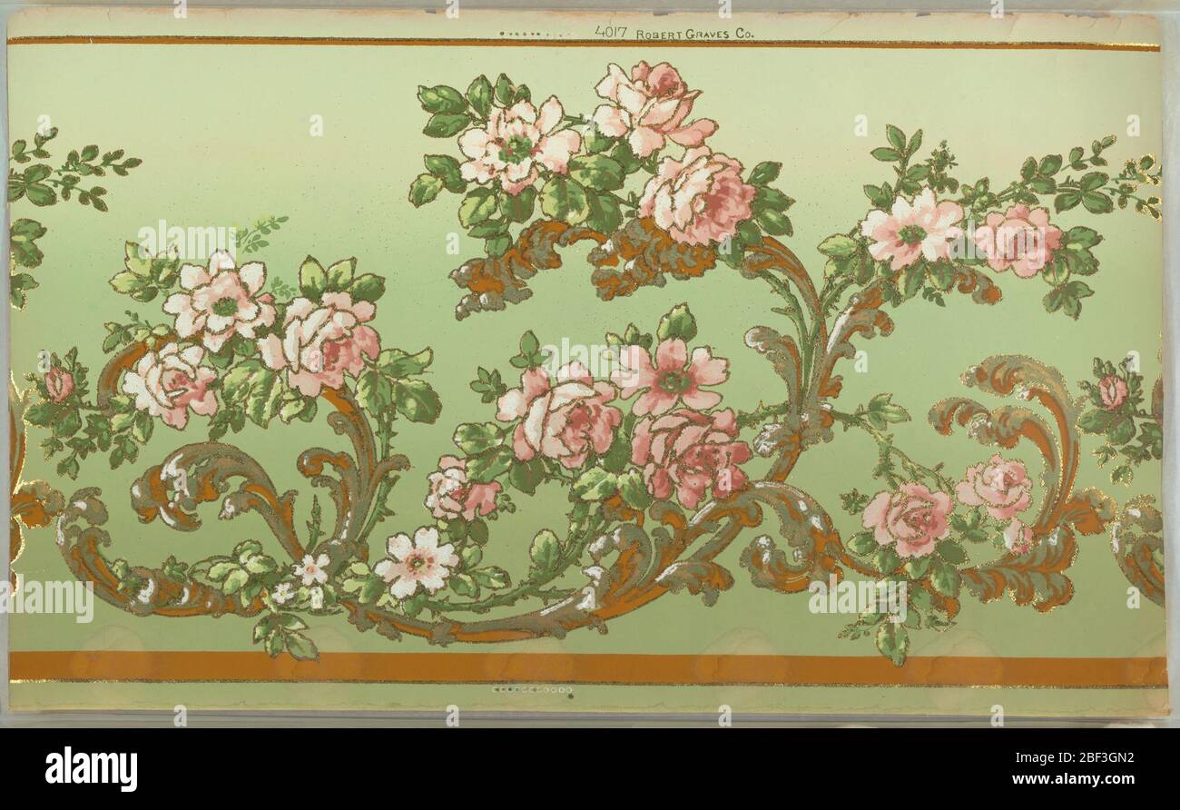 Frieze. Flitter frieze. Waving foliate scrolls with vining pink flowers ...