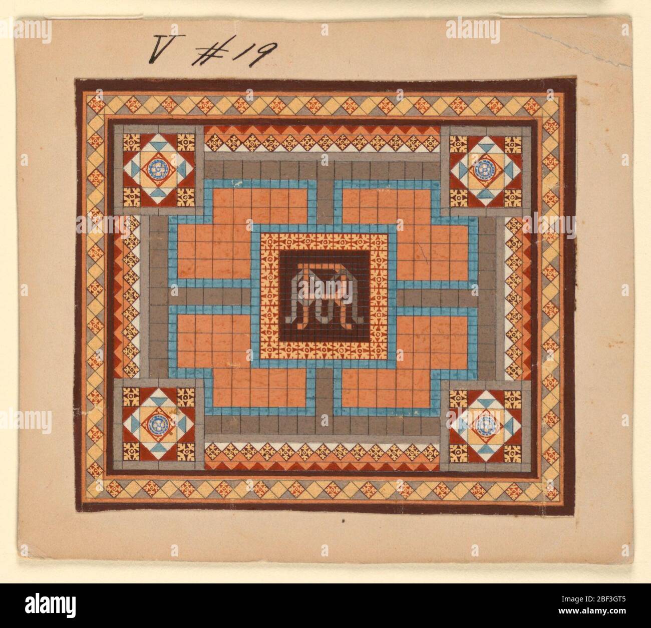 Design for Mosaic Floor. Central geometric motif with "RAA" monogram at ...