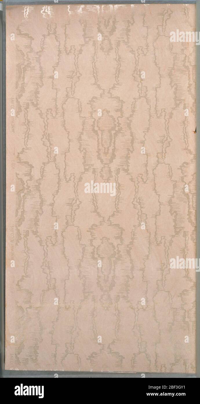Ceiling paper. White mica moire on a waving (pink?) and cream ground ...