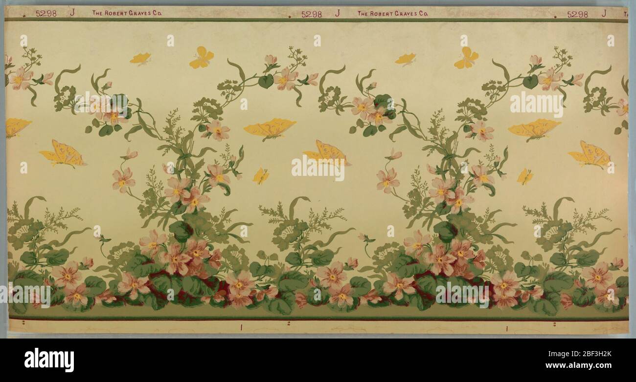 Frieze. On light gray ground, clusters of green vines and white and ...