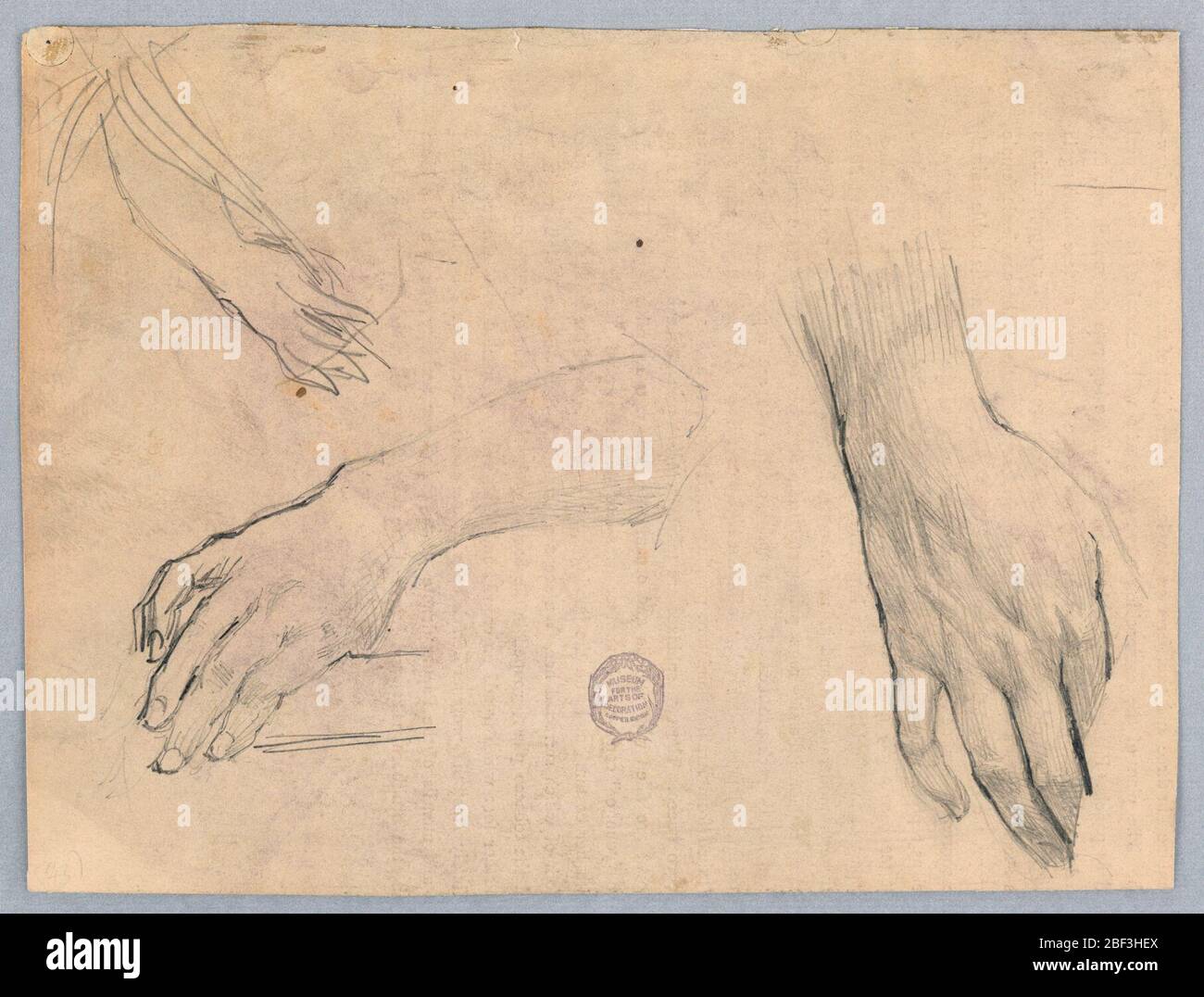 Studies of Hands. Three hands and lower arms shown; one at right is ...