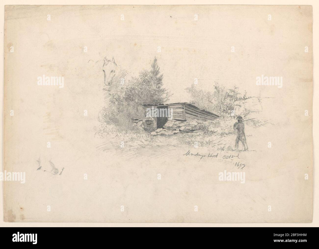 Mondays Hut. A man with a gun or a stick over his shoulder is shown ...